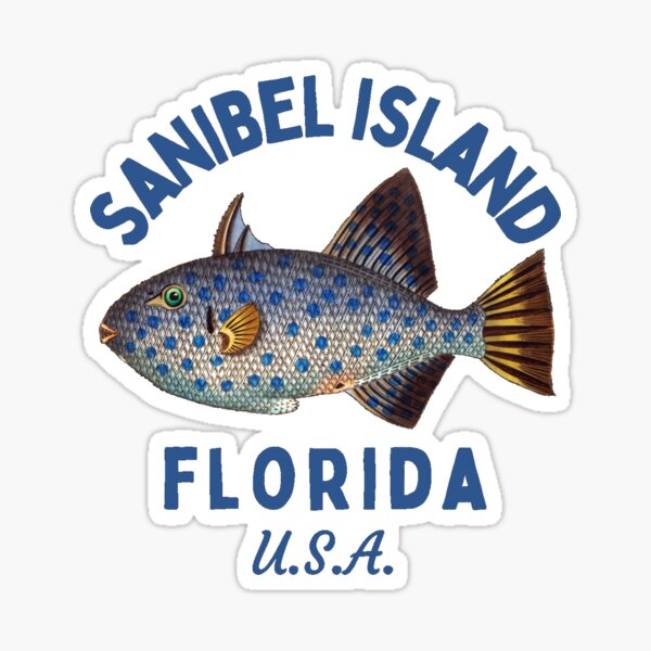 "Retro Fish Sanibel Island Florida- Navy Text- Island / Beach" Sticker ...