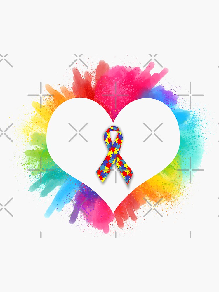 "Autism Ribbon Rainbow Paint Splatter Heart Autism Awareness" Sticker ...