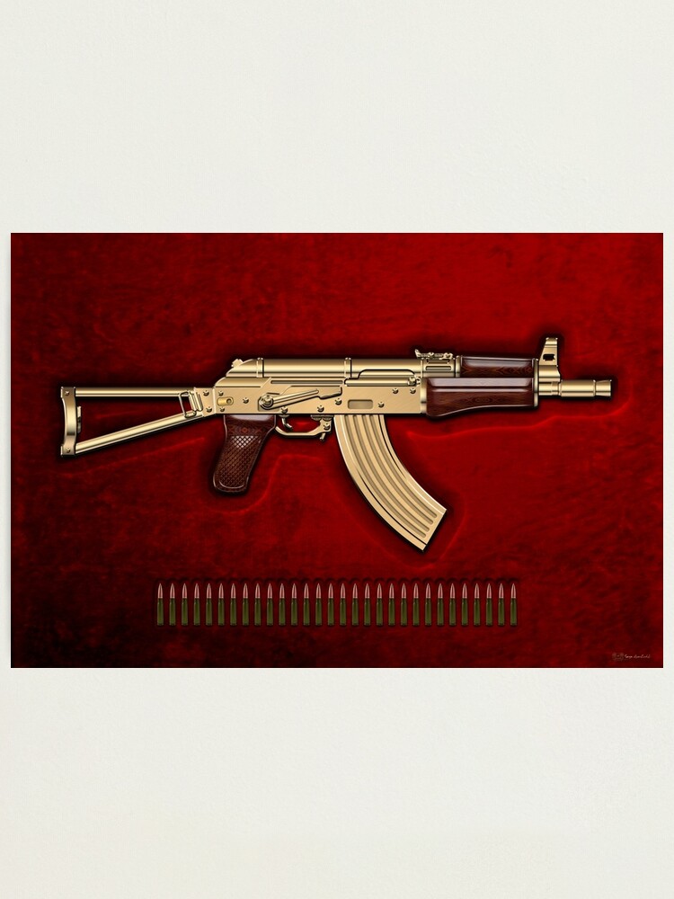 "Gold AKS-74U Assault Rifle with 5.45x39 Rounds over Red Velvet " Photographic Print by Captain7 ...
