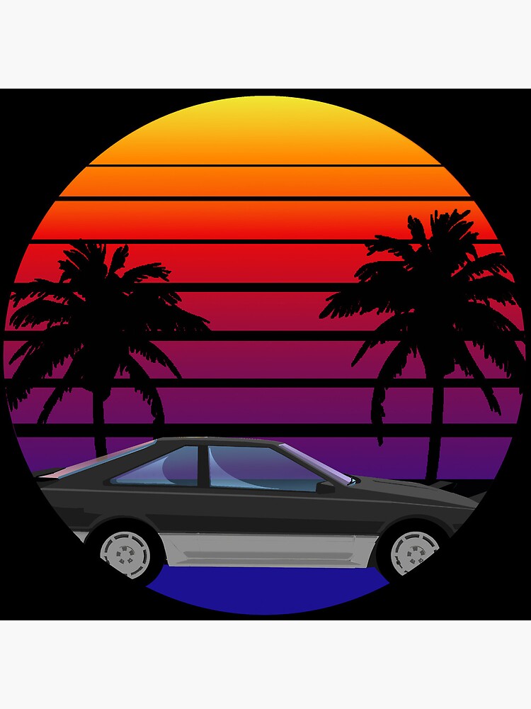 "Outrun Sunset with Black Palms and 200SX, Black Background, Circular ...