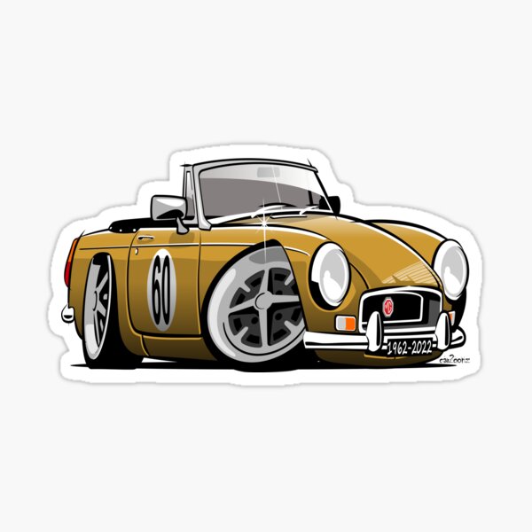 "MG MGB roadster caricature harvest gold" Sticker for Sale by car2oonz ...