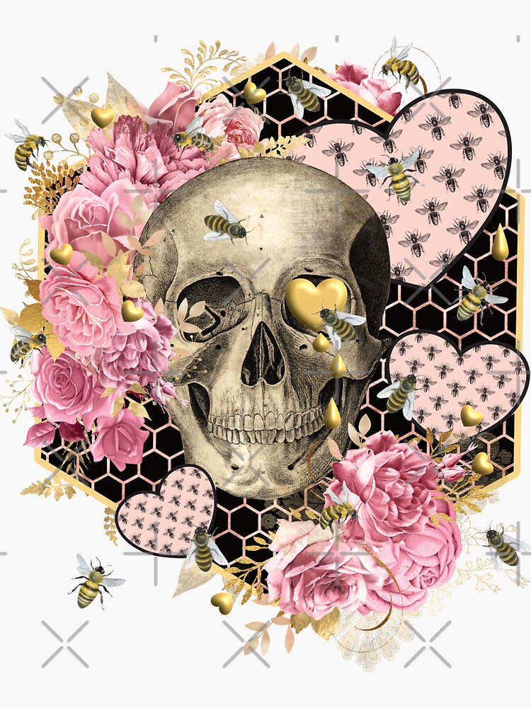 "Luv U Honey Skull, Bee My Valentine Pink and Gold Floral Skull ...