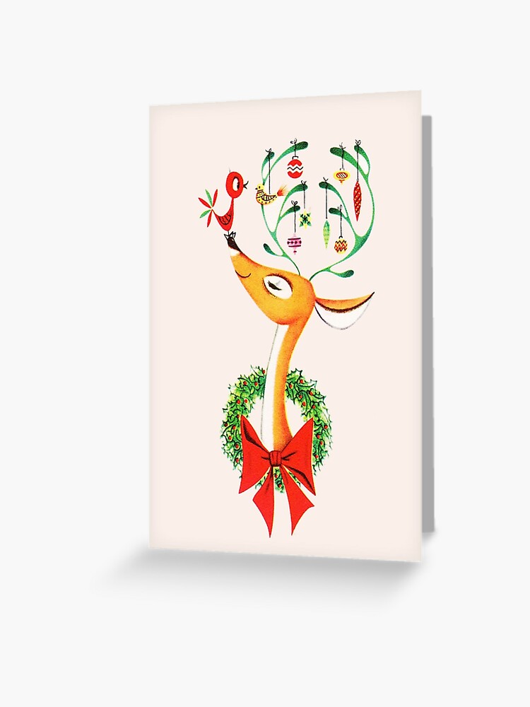 "Vintage Mid Century Christmas Card Reindeer with Wreath & Bird ...