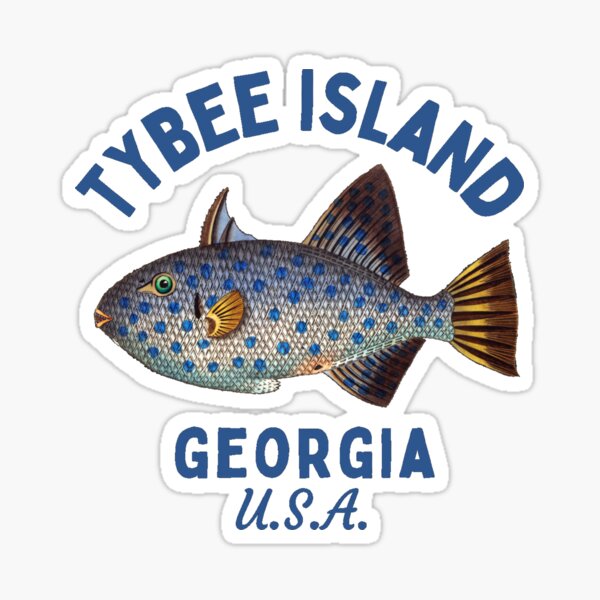 "Retro Fish Tybee Island Georgia- Navy Text- Island / Beach" Sticker ...