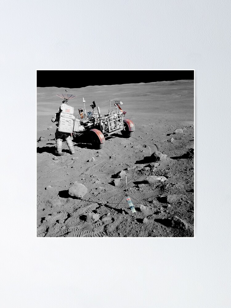 "Apollo 16 astronaut stands near the Lunar Roving Vehicle." Poster by ...
