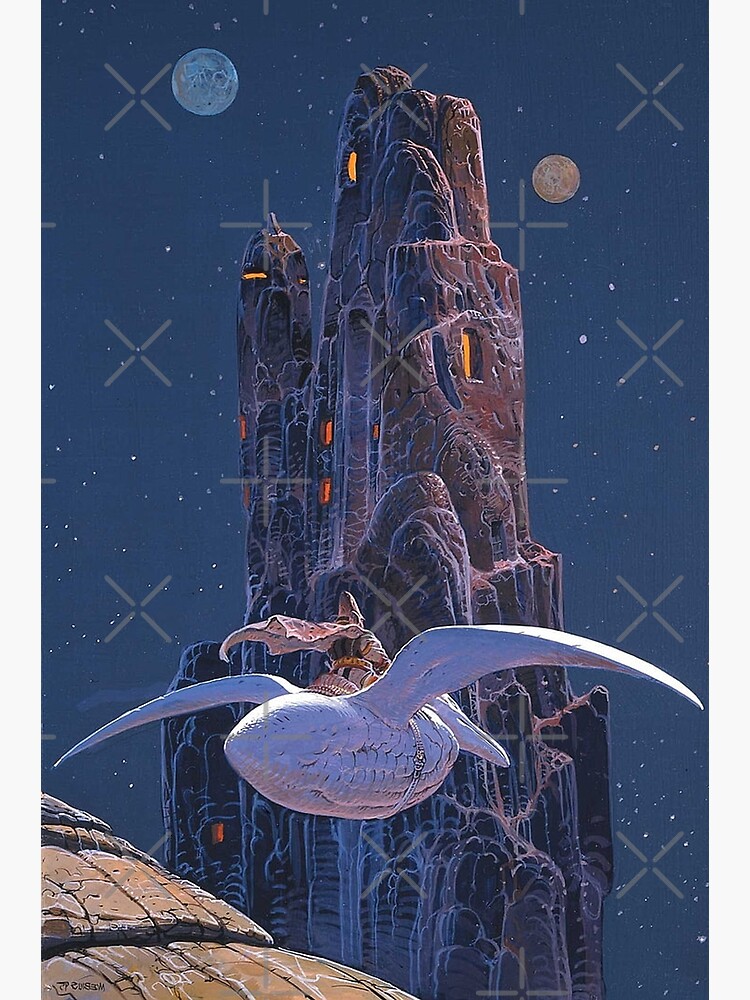 "moebius, arzach, poster, night, mountain, rock city, seagull, moon ...