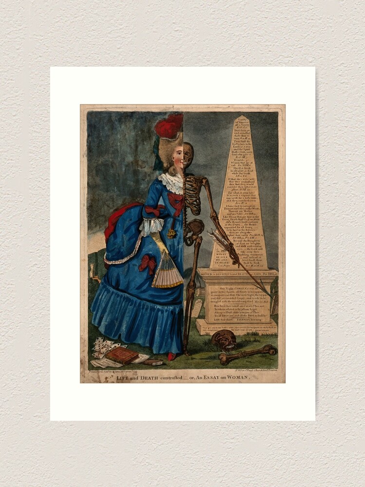 "A woman shown half as clothed human being and half as skeleton ...