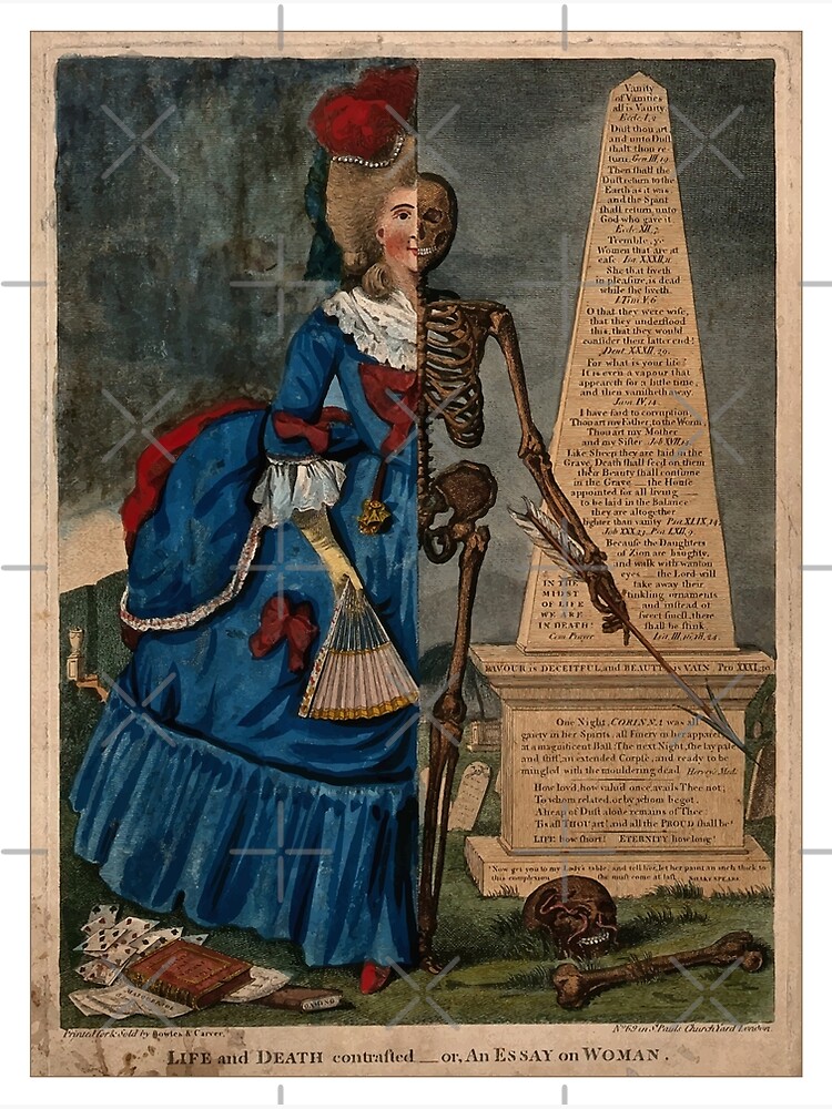 "A woman shown half as clothed human being and half as skeleton ...