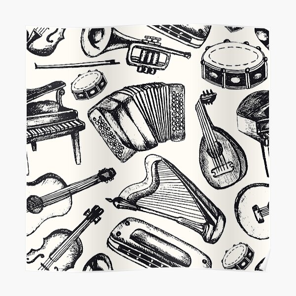 "Black and White Vintage Musical Instruments" Poster for Sale by ...