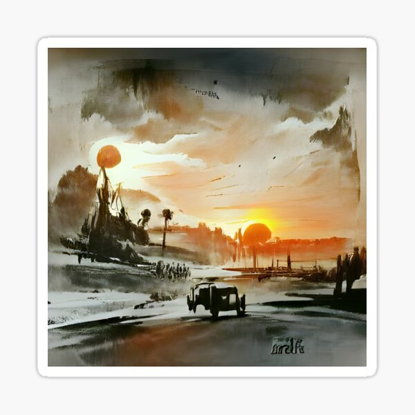 "AI Generated Art, Vintage Sunset Ink Drawing " Sticker by GeminiSq ...
