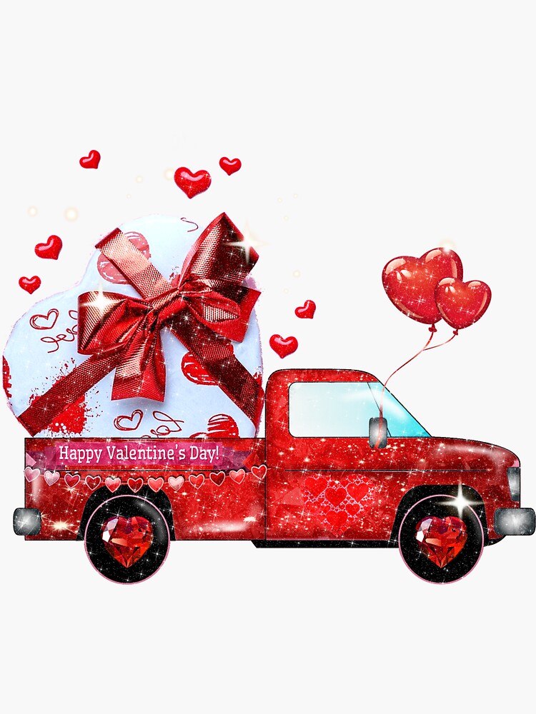 "Valentine's Day Red Ribbon Gift Truck - Love PickUp Car" Sticker for ...