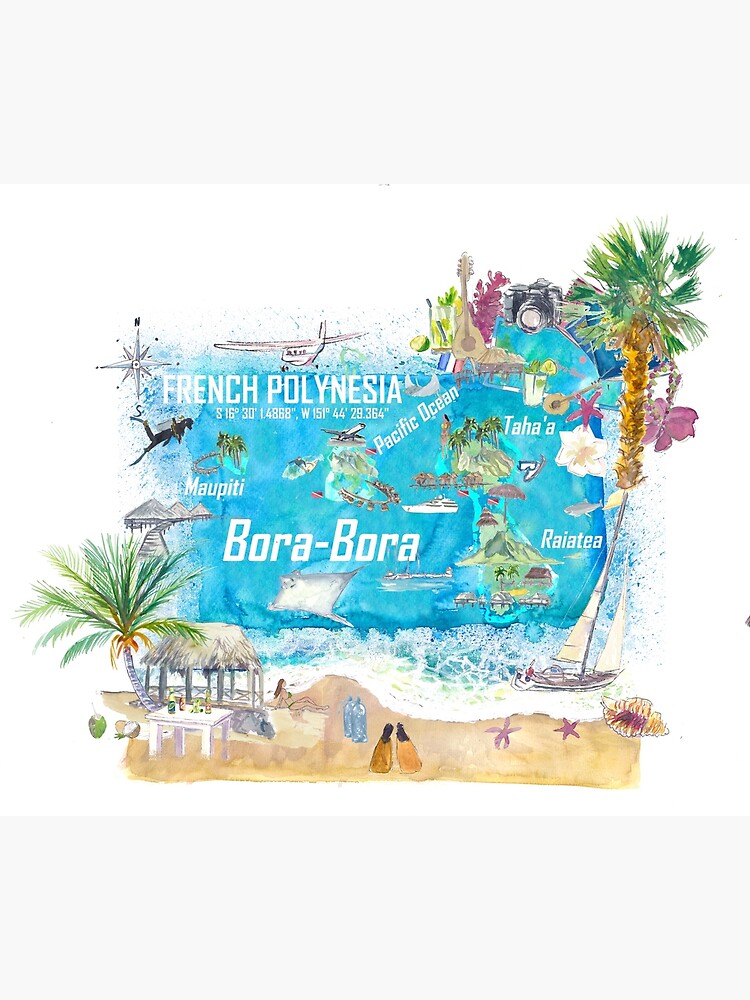 Póster «Islas Bora Bora Polinesia Francesa Mapa de viaje ilustrado con ...