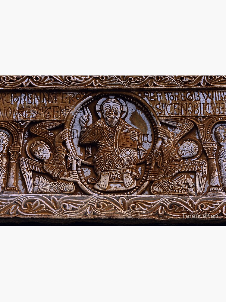 "Enthroned Christ borne aloft by archangels, medieval carving ...