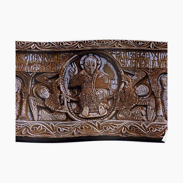 "Enthroned Christ borne aloft by archangels, medieval carving" Poster ...
