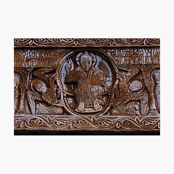 "Enthroned Christ borne aloft by archangels, medieval carving ...