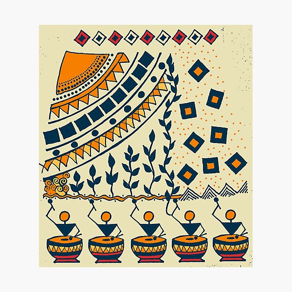 "Colorful Warli Art - sun flowers men playing drums dance vibes ...