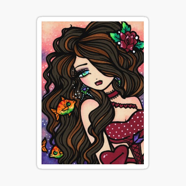 "Valentines Brown Haired Mermaid Kissy Fish Fantasy Art" Sticker for ...