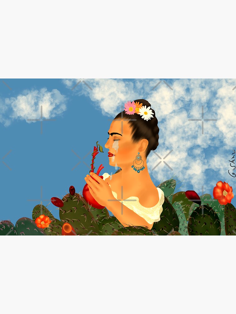 Pegatina «Frida Kahlo en un campo de cactus con el corazón en la mano ...