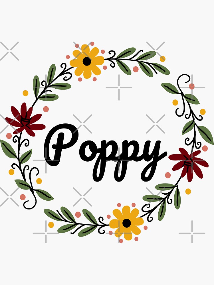 ""Poppy" Name in Yellow and Dark Red Color Flower Ring" Sticker by ...