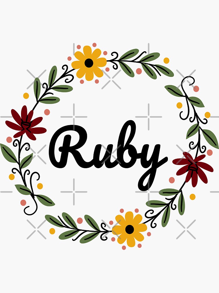 ""Ruby" Name in Yellow and Dark Red Color Flower Ring" Sticker by ...