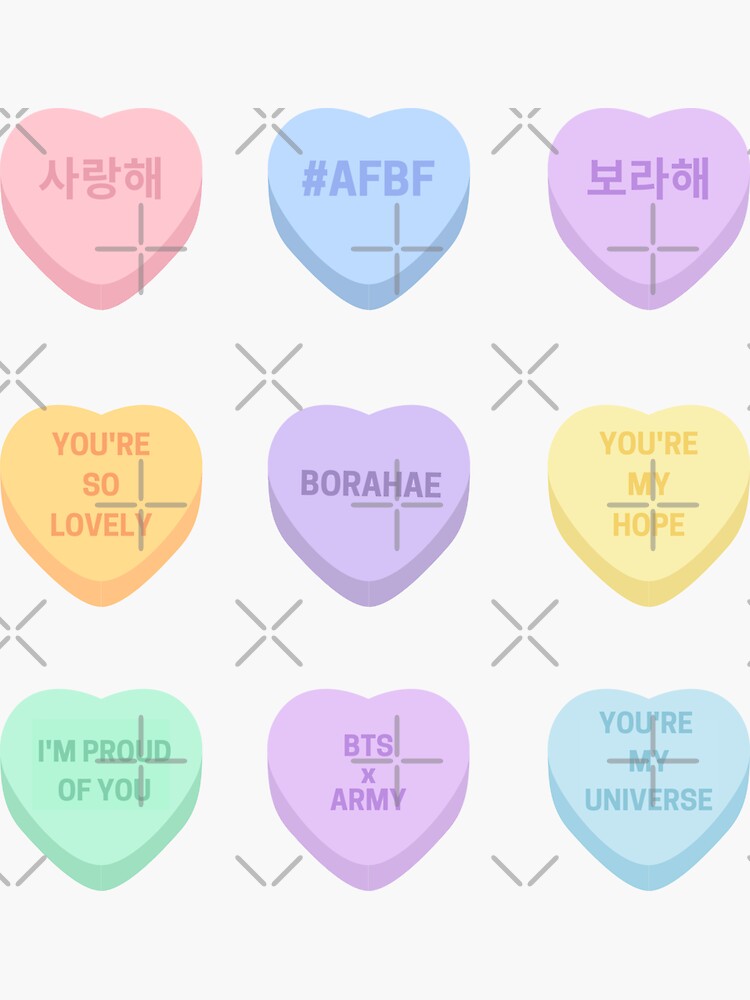 "BTS Quotes in Candy Hearts - Bangtan Borahae" Sticker for Sale by ...