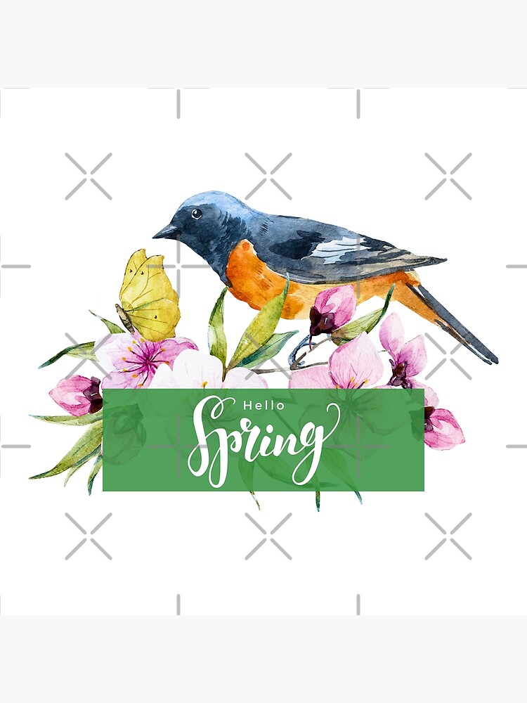 Póster «Pajarito y mariposa en una rama de flor de cerezo: acuarela ...