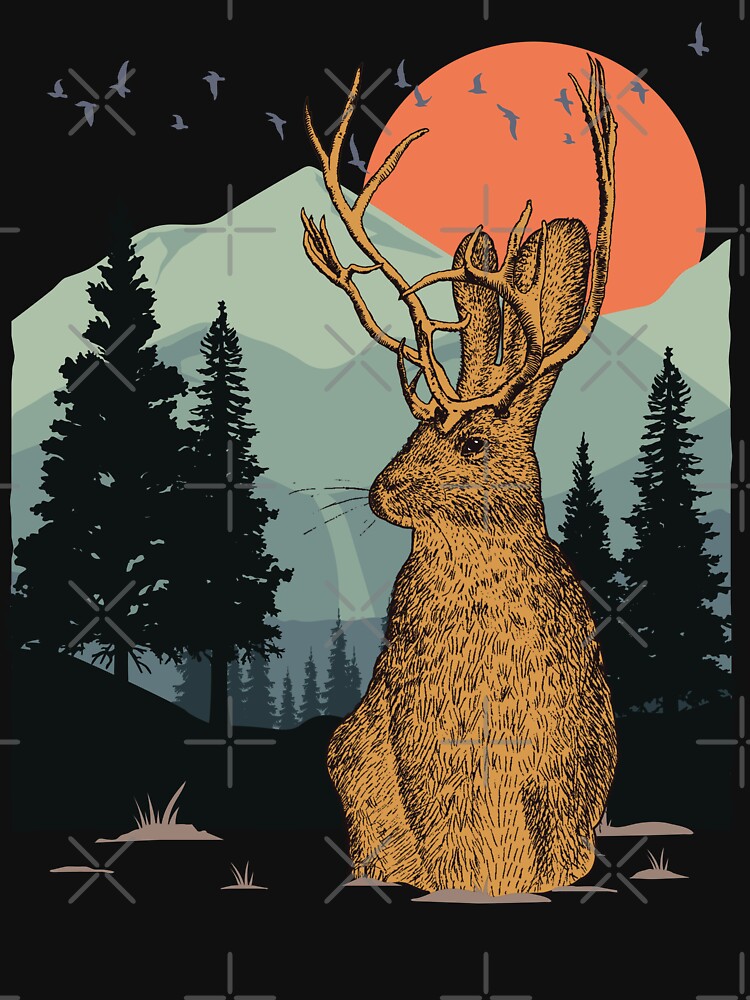 "Mountain sunset Pine Tree Bird flying sky sitting Jackalope" T-shirt ...