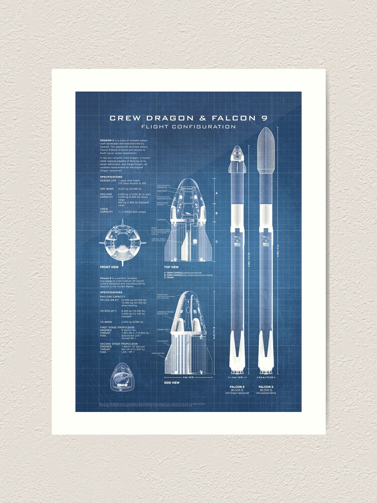 "SpaceX Crew Dragon Spacecraft & Falcon 9 Rocket Blueprint in High ...