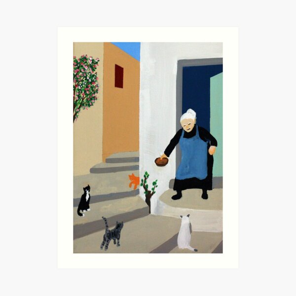 "Greek Painting Yaya With Cats" Art Print by timelessfancy | Redbubble