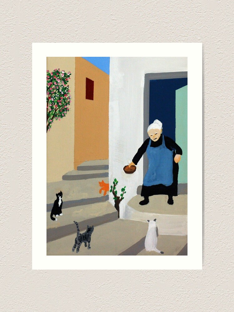 "Greek Painting Yaya With Cats" Art Print by timelessfancy | Redbubble