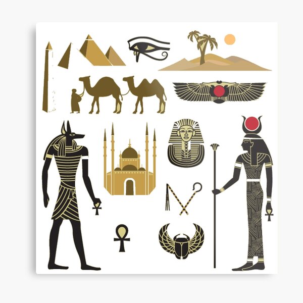 Lámina metálica «Dios egipcio, Isis, Horus, papiro, pirámides, esfinge ...