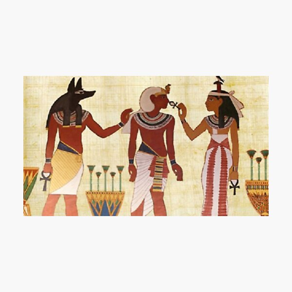 Lámina fotográfica «Dios egipcio, Isis, Horus, papiro, pirámides ...