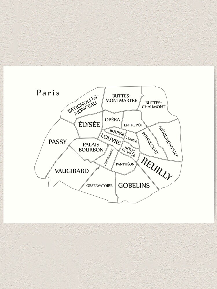 "Paris city with boroughs and titles outline map" Art Print by ...