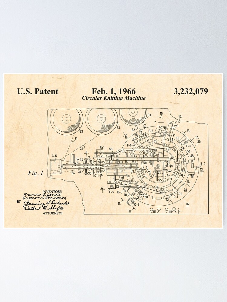 "1966 Old Circular Knitting Machine Patent Drawing" Poster by ...