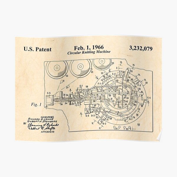 "1966 Old Circular Knitting Machine Patent Drawing" Poster by ...