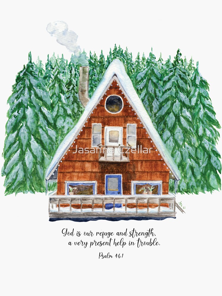 "Cabin In The Woods Watercolor Bible Verse Art" Sticker by ...
