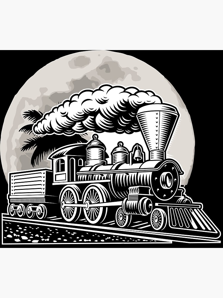 "Vintage Steam Train with Moon, Railroad Steam Engine Locomotive for ...