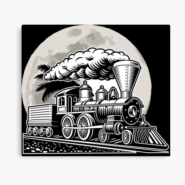 "Vintage Steam Train with Moon, Railroad Steam Engine Locomotive for ...