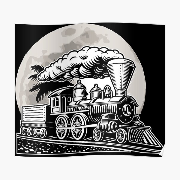 "Vintage Steam Train with Moon, Railroad Steam Engine Locomotive for ...