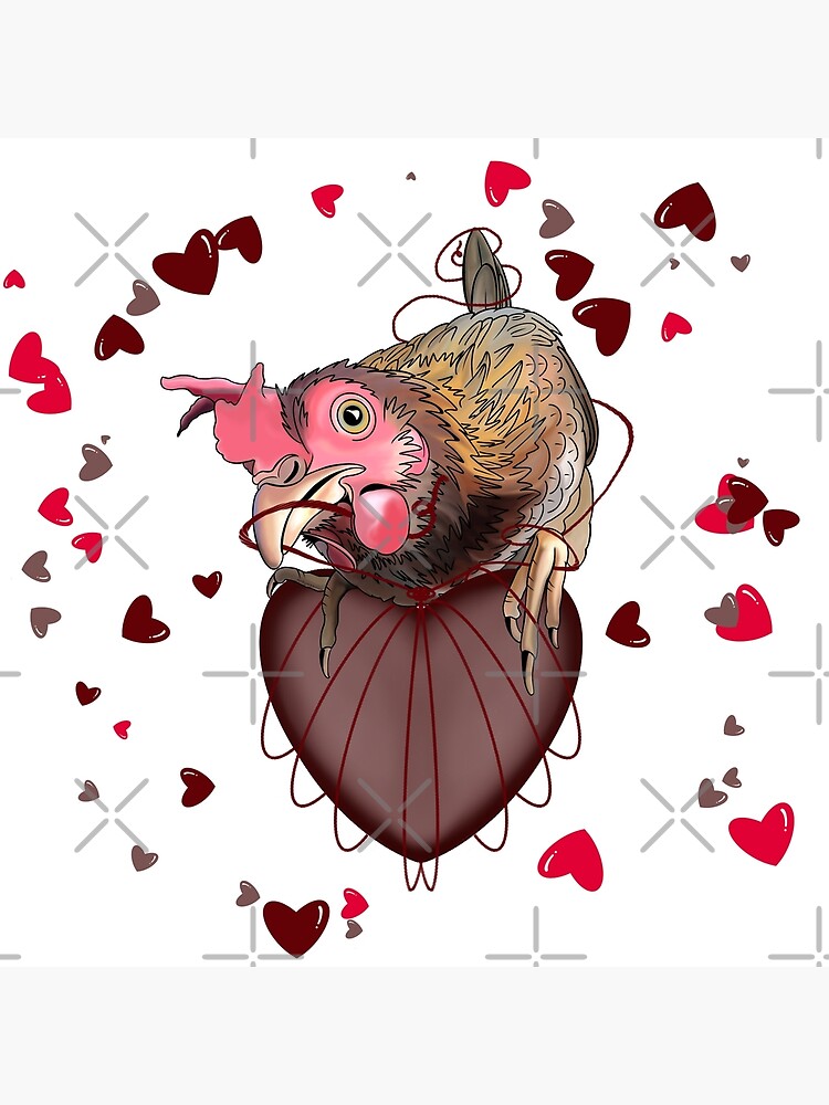 "Chicken pulling Heartstrings with heart confetti " Poster by ...