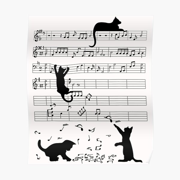 "cute cat kitty playing music note clef musician art " Poster for Sale ...