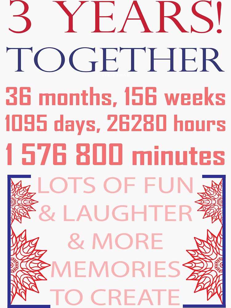 "3 Years! Together, a 36 months, 156 weeks, 1095 days, 26280 hours, 1 ...