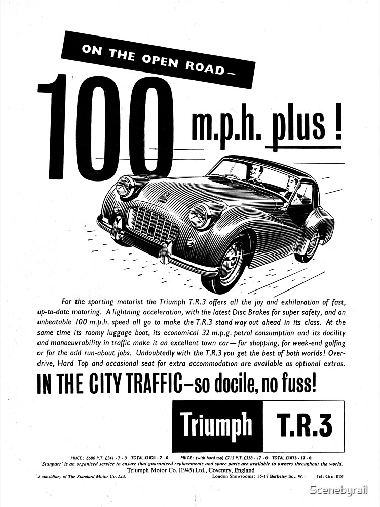 "Triumph TR3 classic car advert, 1959" Sticker for Sale by Scenebyrail ...