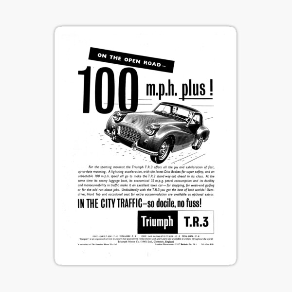 "Triumph TR3 classic car advert, 1959" Sticker for Sale by Scenebyrail ...