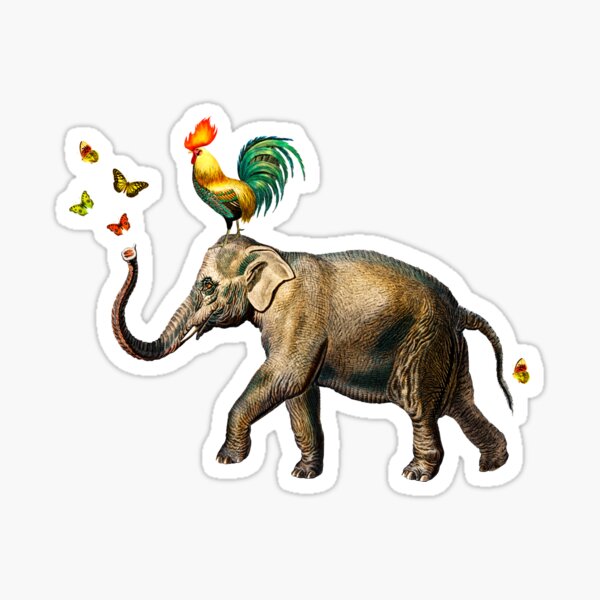 "Good Mood Animals Friendship: Elephant, Rooster and Butterflies ...