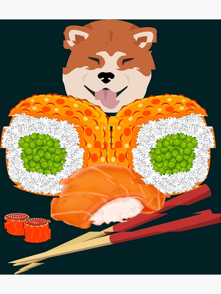 " Akita Inu Dog and Sushi Rolls, Chipped Illustration" Poster by ...