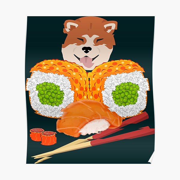 " Akita Inu Dog and Sushi Rolls, Chipped Illustration" Poster by ...