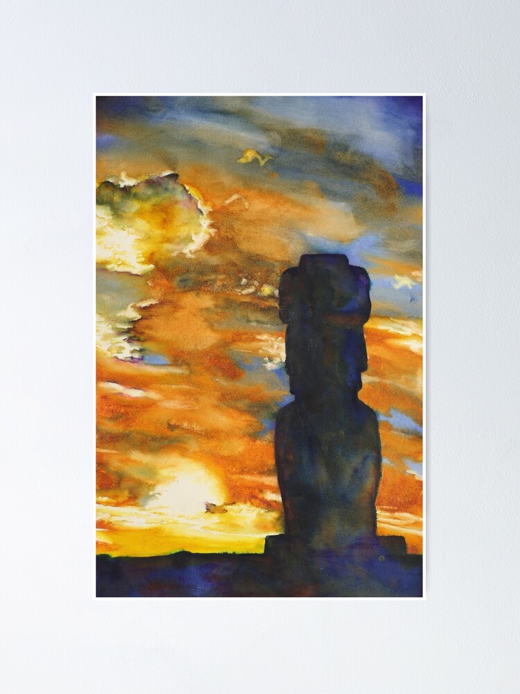 "Moai statue on Easter Island- watercolor painting" Poster by rfoxphoto ...