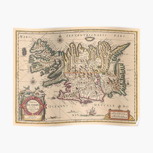 "1628 Map of Iceland by Georgio Carolo Flandro" Poster by gylfigylfa ...
