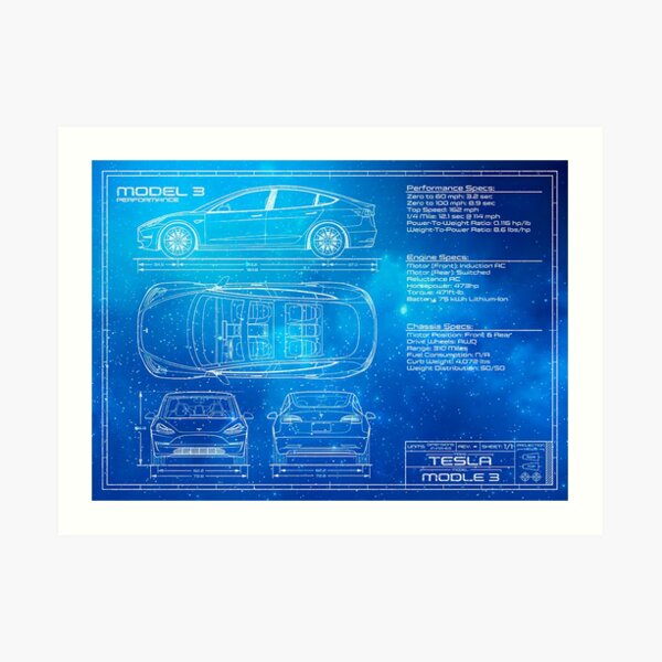 "Tesla Model 3 Blueprint Art" Art Print for Sale by helpTT | Redbubble